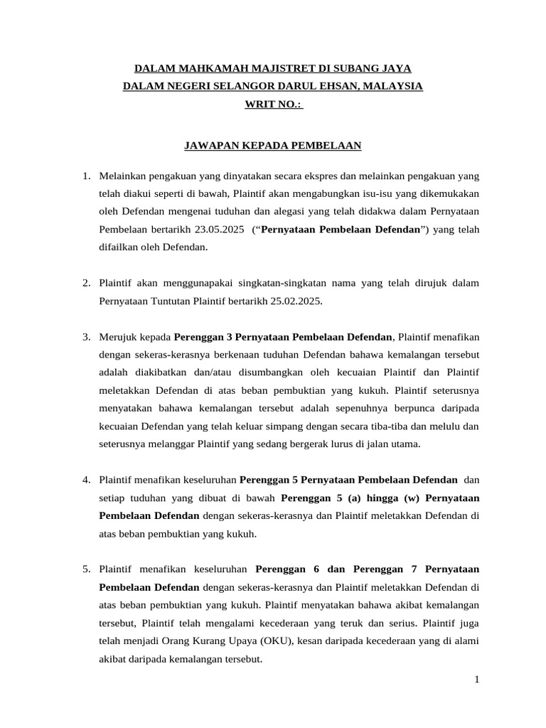 Jawapan Kepada Pembelaan | PDF