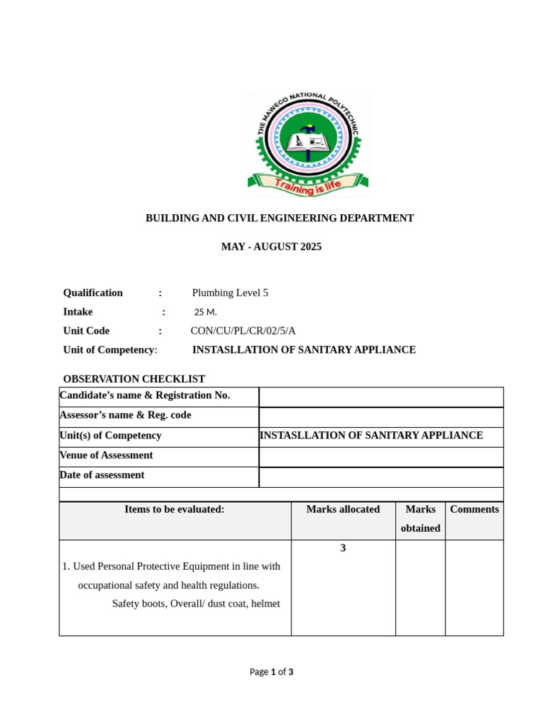 Sanitary Checklist WHB 1 | PDF