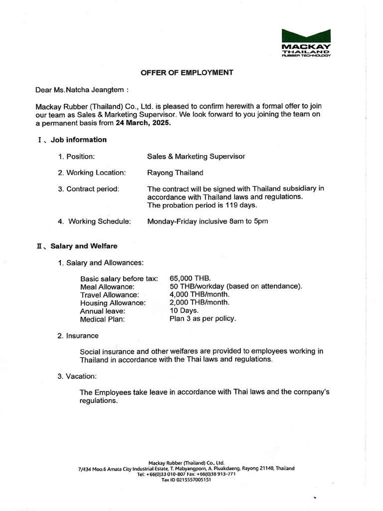 Signed Offer Letter - Natcha | PDF