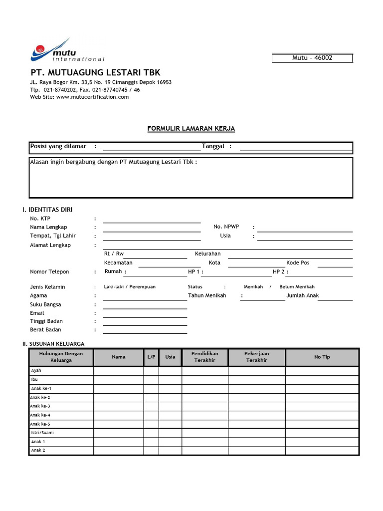 Formulir Calon Karyawan Baru PT Mutuagung Lestari TBK (New) | PDF