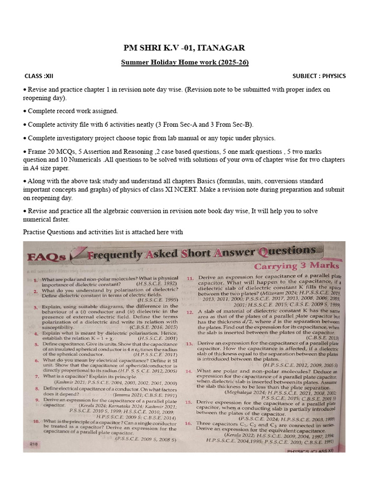 PHYSICS Holiday Homework 12th | PDF