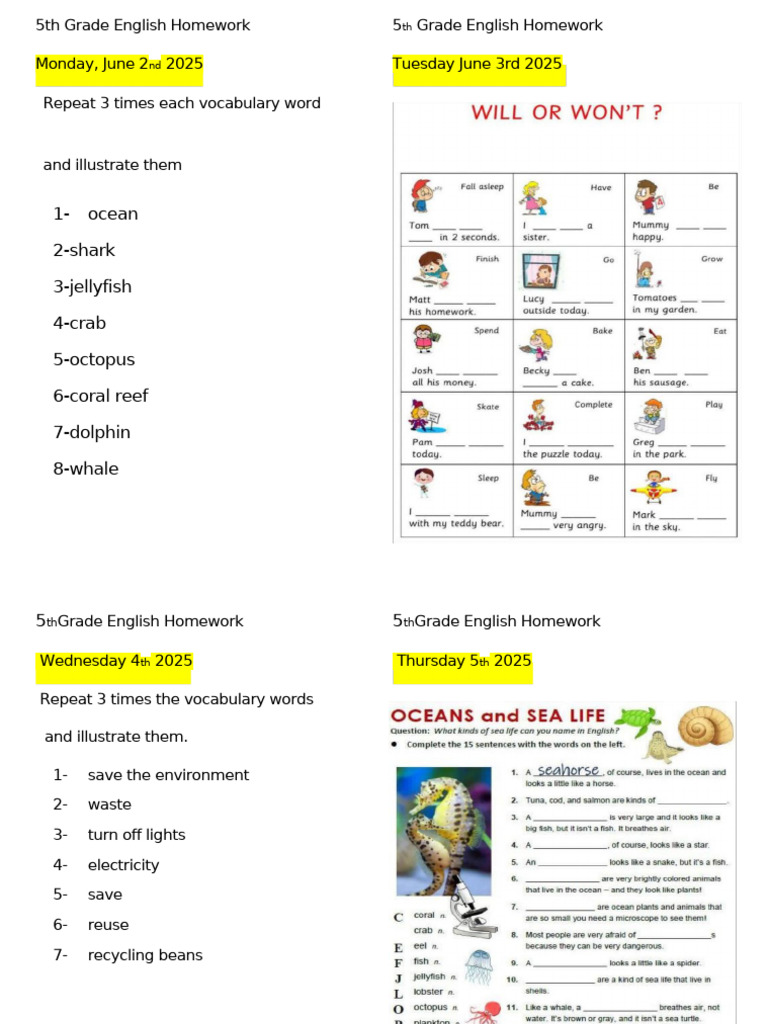 5th Grade English Homework June | PDF