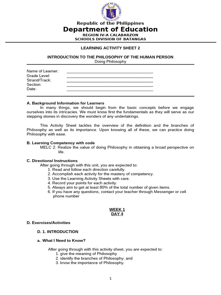 Introduction to Philosophy Activity Sheet | PDF | Reason | Critical ...