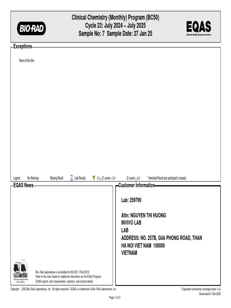 Clinical Chemistry (Monthly) Program (BC50) Cycle 23: July 2024 July ...