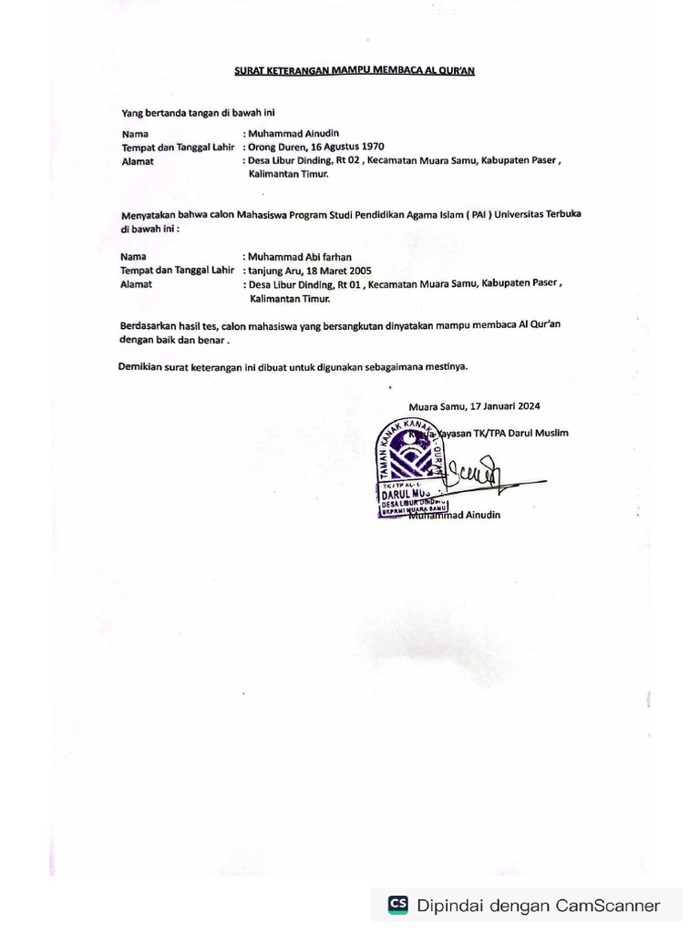 CTH Form Mampu Membaca Al Qur'An | PDF