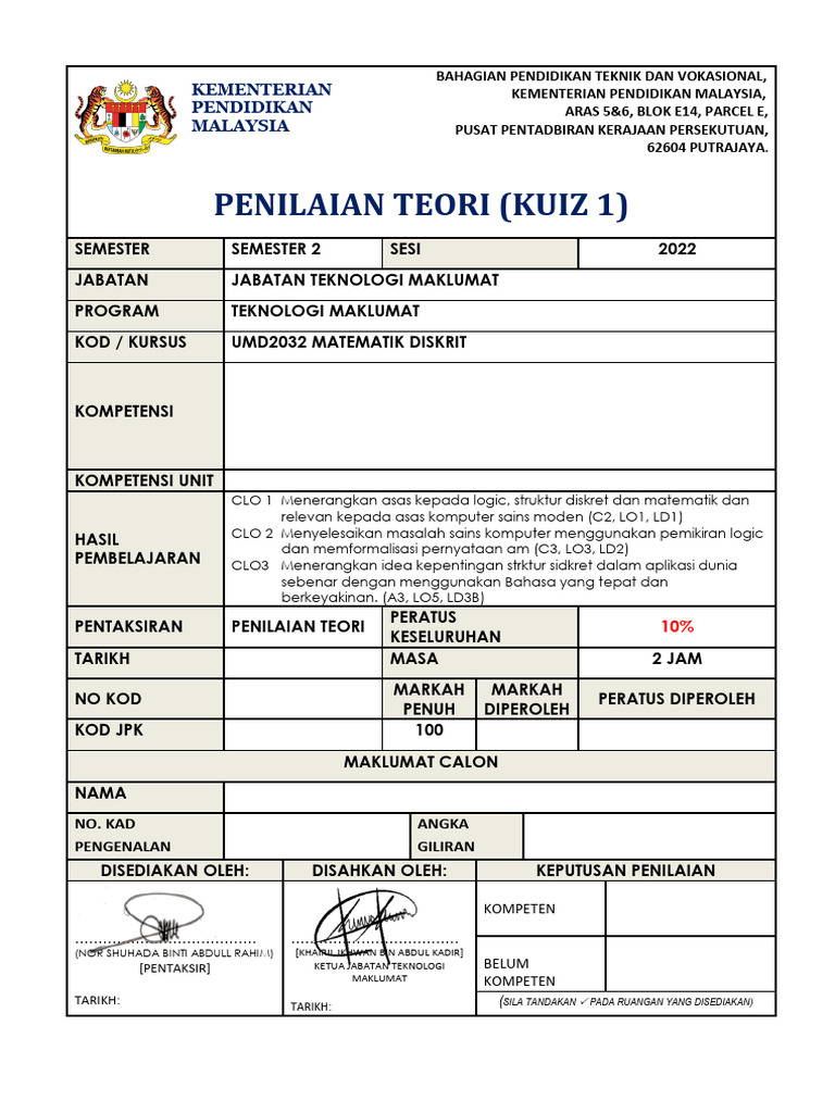 Penilaian Kuiz 1 | PDF