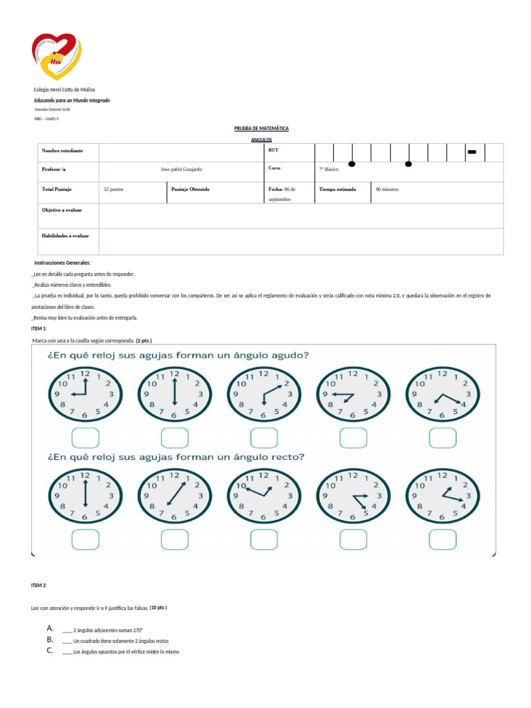Evaluación 7 Angulos | PDF | Ángulo | Triángulo