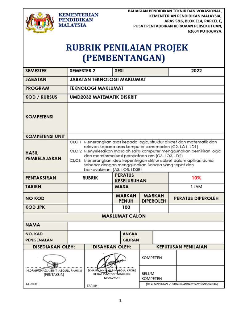 RUBRIK PROJEK(PEMBENTANGAN) | PDF
