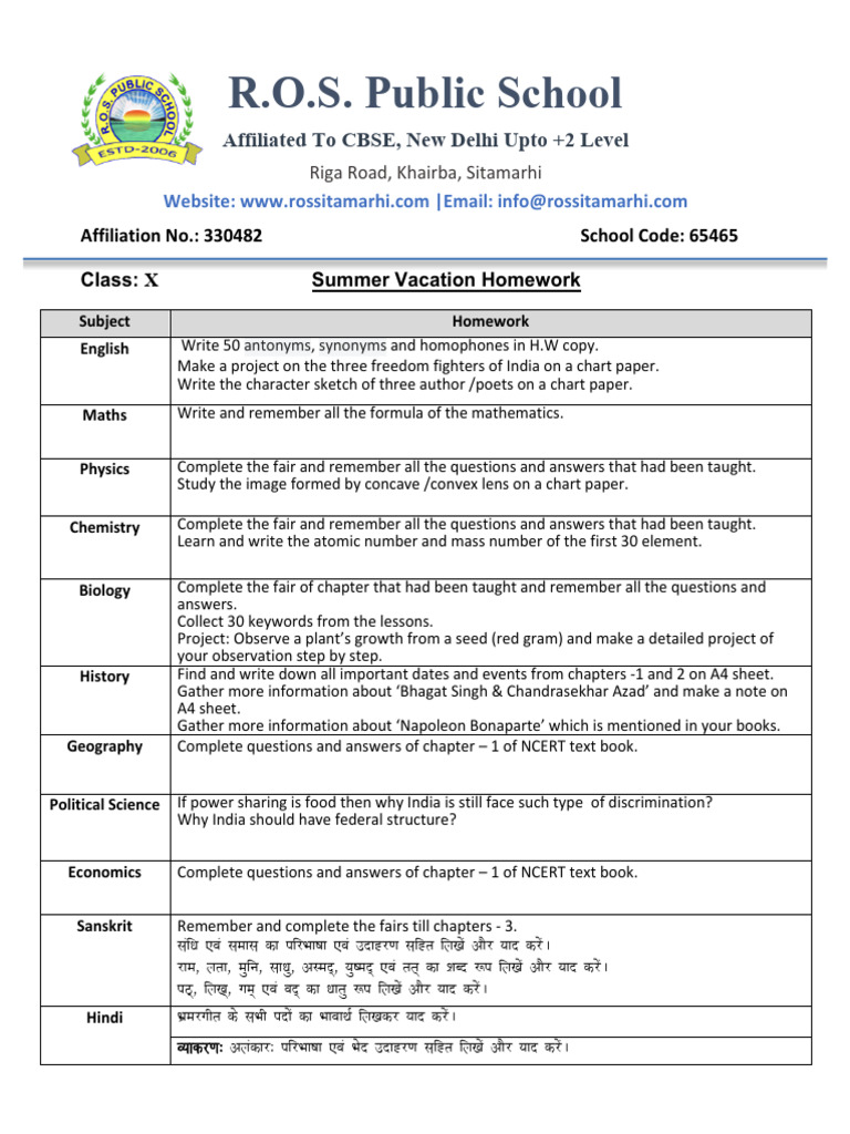 Summer Vacation Homework - X | PDF