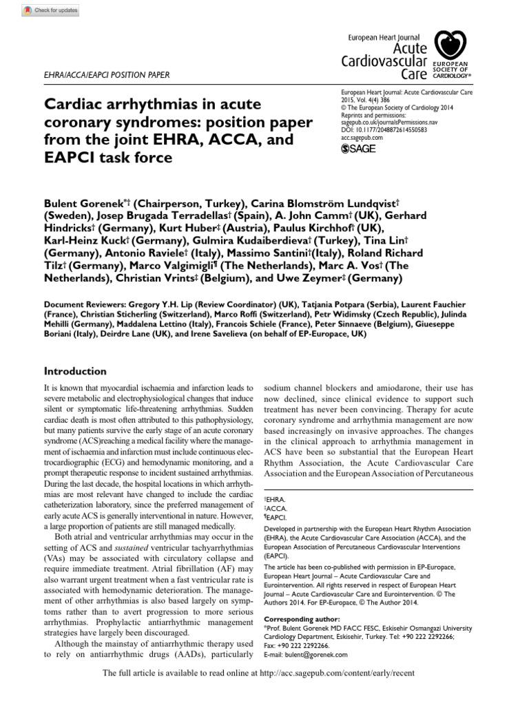 Gorenek Et Al 2014 Cardiac Arrhythmias in Acute Coronary Syndromes ...