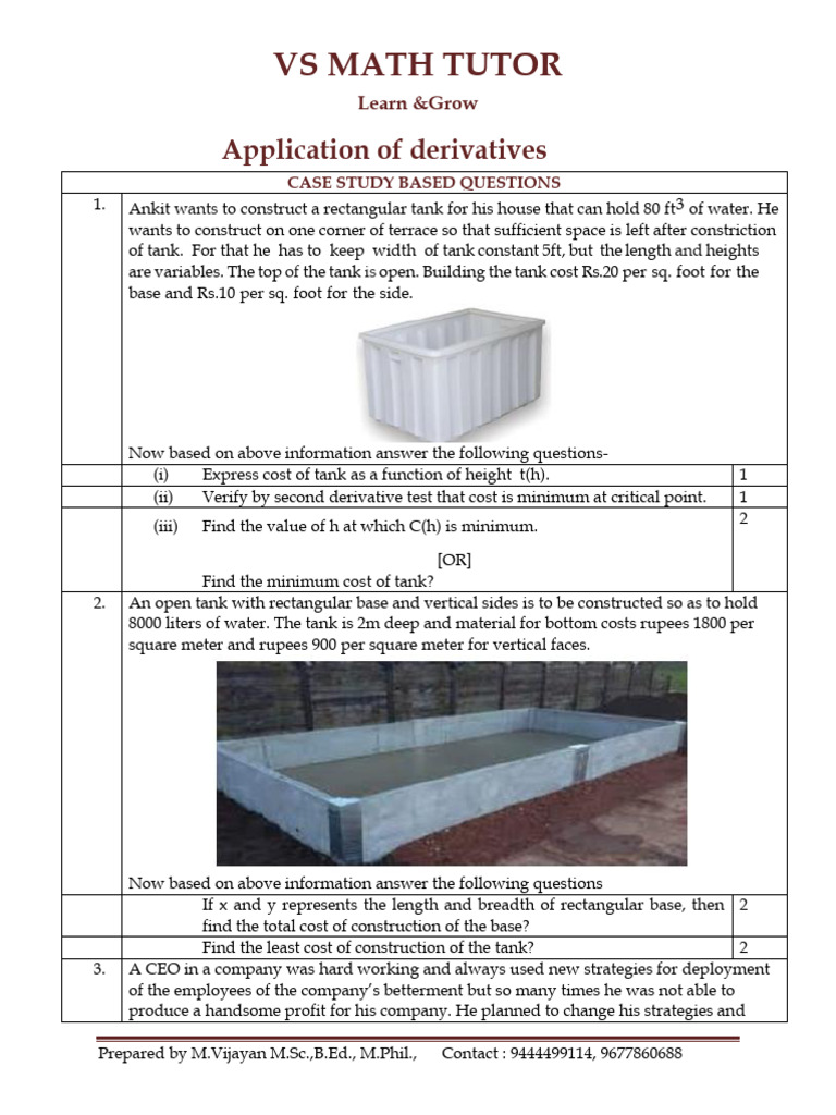 Cbse Class 12 Application of Derivative Case Study Based Question | PDF ...