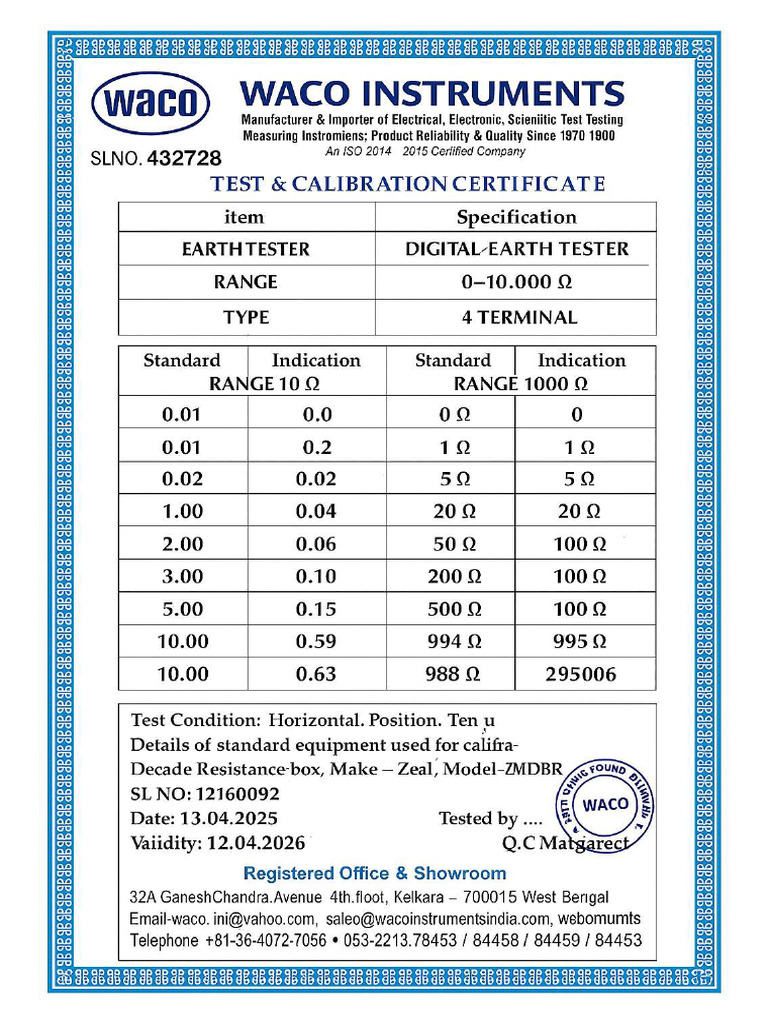 Waco Earth Tester Calibration Certificate | PDF