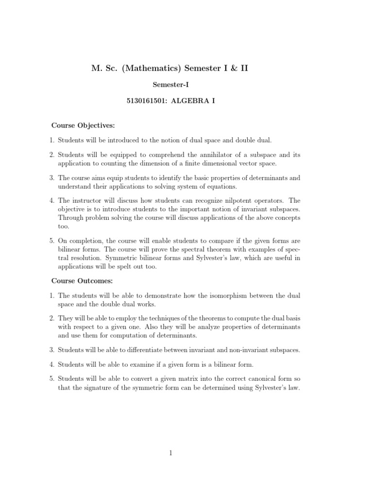 Algebra 1 Syllabus | PDF | Linear Map | Determinant