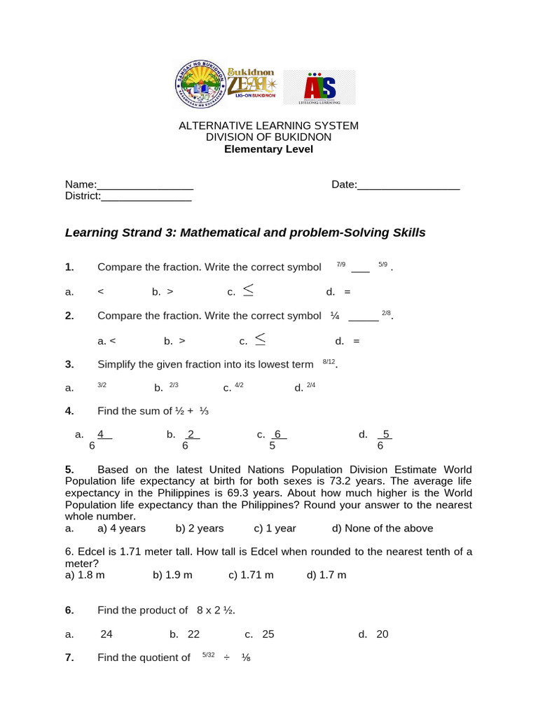 Ls 3 Math - Als Elementary 30 Items Corrected | PDF | Mathematics