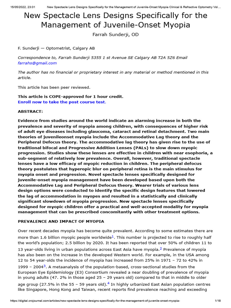 New Lens Designs for Juvenile Myopia | PDF | Myopia | Contact Lens