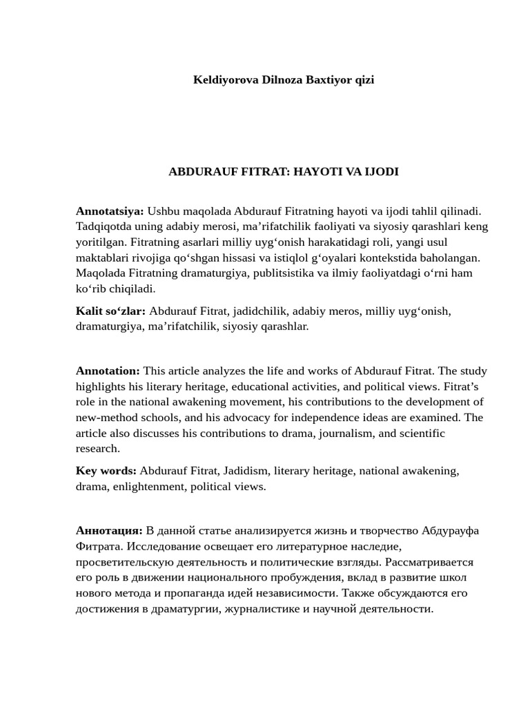 Abdurauf Fitrat | PDF
