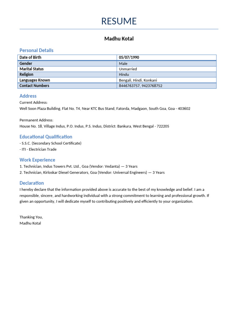 Madhu Kotal Edited Resume | PDF