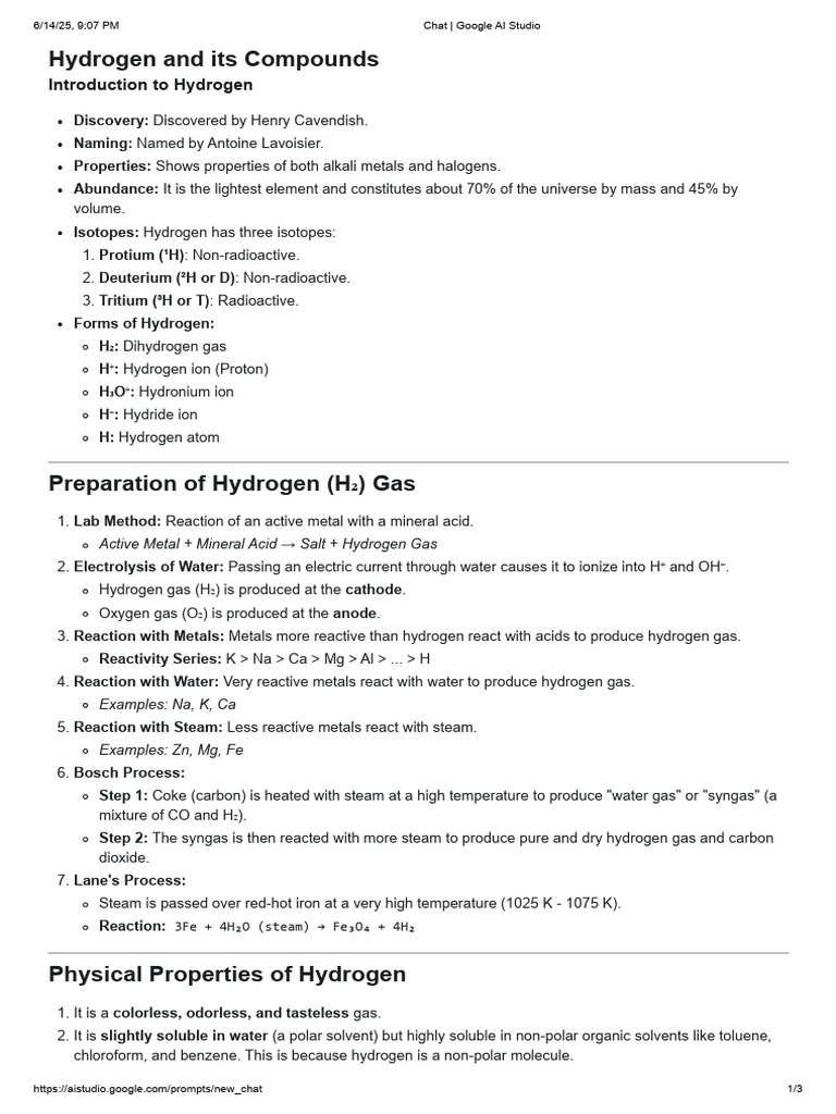 Hydrogen: Properties, Preparation, and Uses | PDF | Hydrogen | Chemical ...