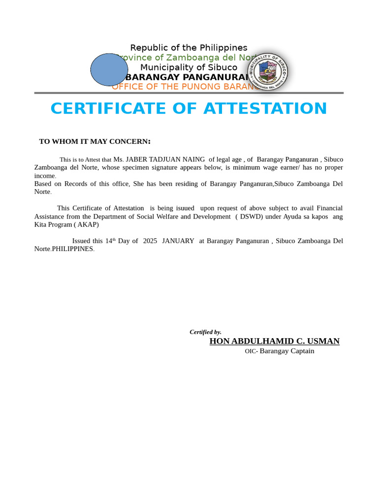 Certificate of Attestation for DSWD Aid | PDF
