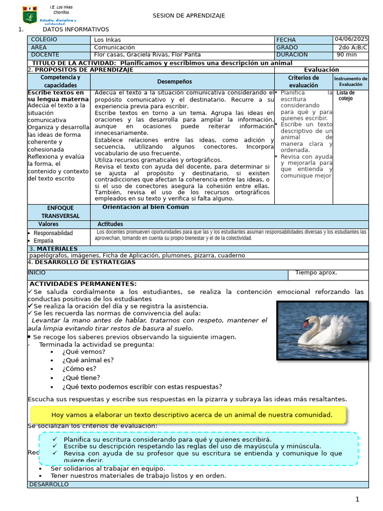 Descripción de Animales en Clase 2° A-B-C | PDF | Vacas | Aprendizaje