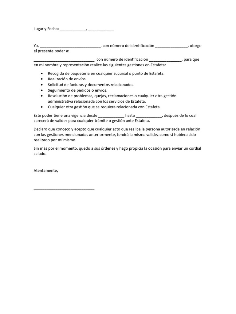 Ejemplo Carta Poder Estafeta | PDF
