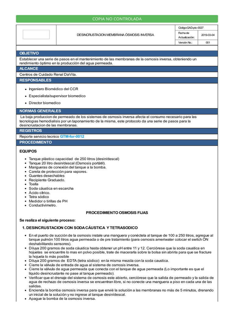 Desincrustacion Membrana Osmosis | PDF | Ósmosis | Agua