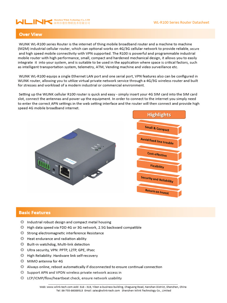 Wlink WL-R100 Series Router Datasheet | PDF | Computer Network | High Speed Packet Access