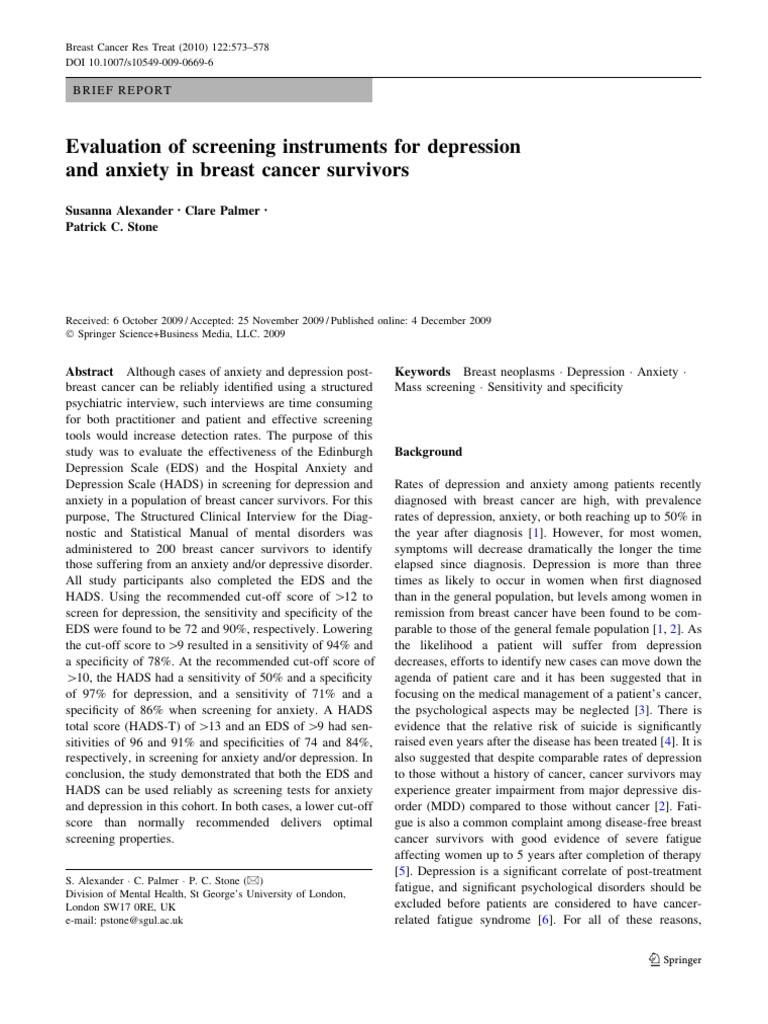 Screening Depression in Breast Cancer Survivors | PDF | Major ...