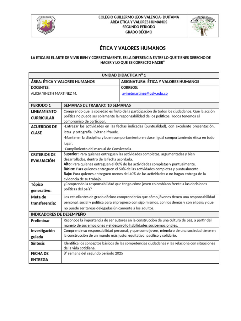 Guías D. Ética Décimo 2p - 2025 | PDF | Las emociones | Pensamiento