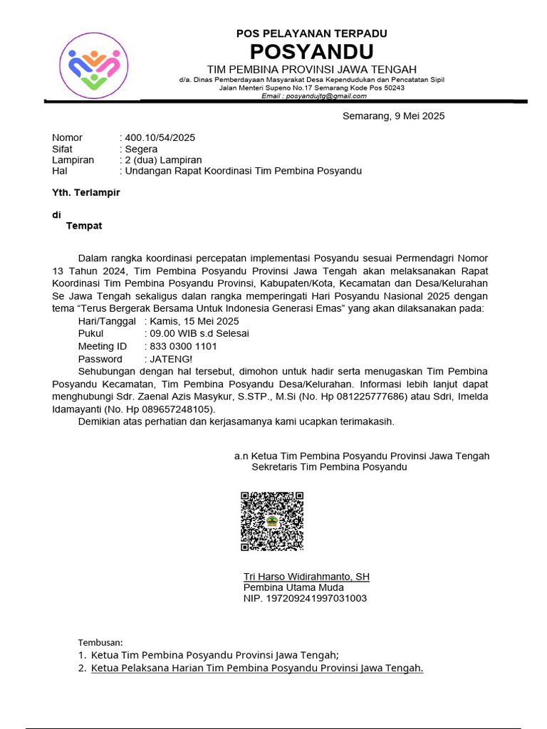 Surat Undangan Rakor Tim Pembina Posyandu Se Jawa Tengah | PDF