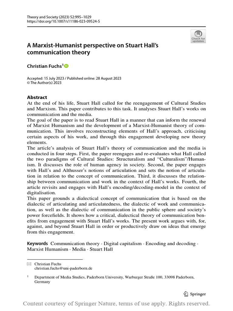 A Marxist-Humanist Perspective On Stuart Halls Co | PDF | Louis ...