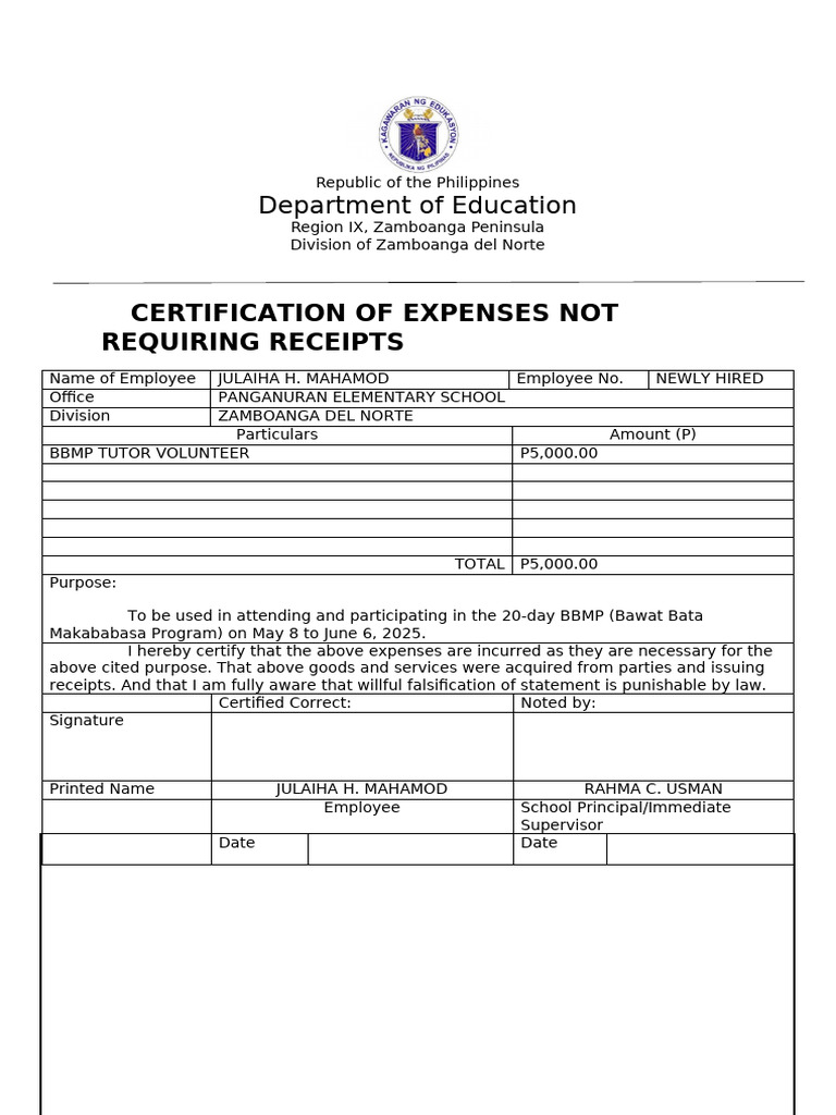 Julaiha BBMP Certiciation of Expenses Not Requiring Receipt | PDF