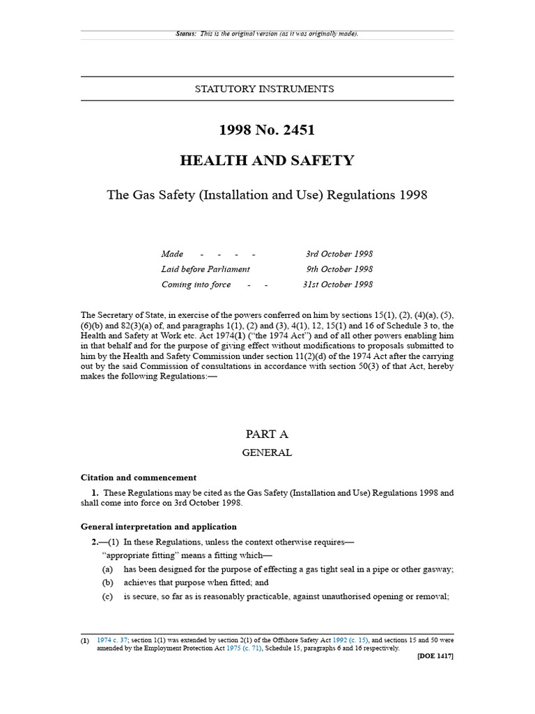 Gas Safety Regulations 1998 Overview | PDF | Chimney | Pipe (Fluid ...