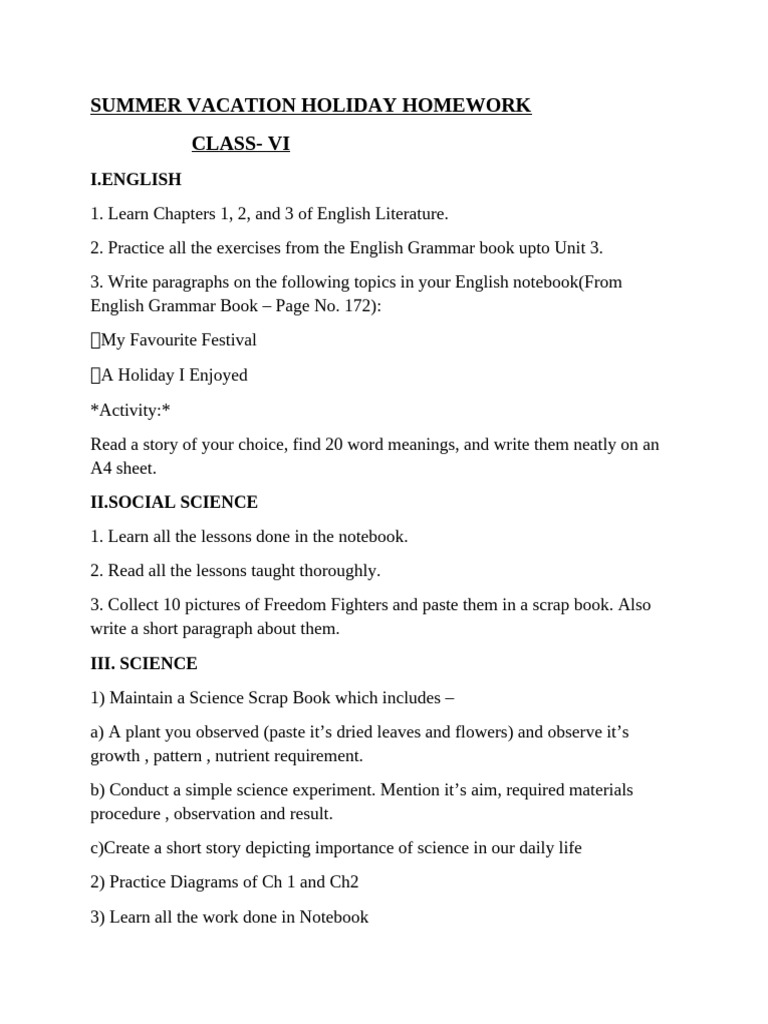 Class 6 Summer Vacation HHW | PDF