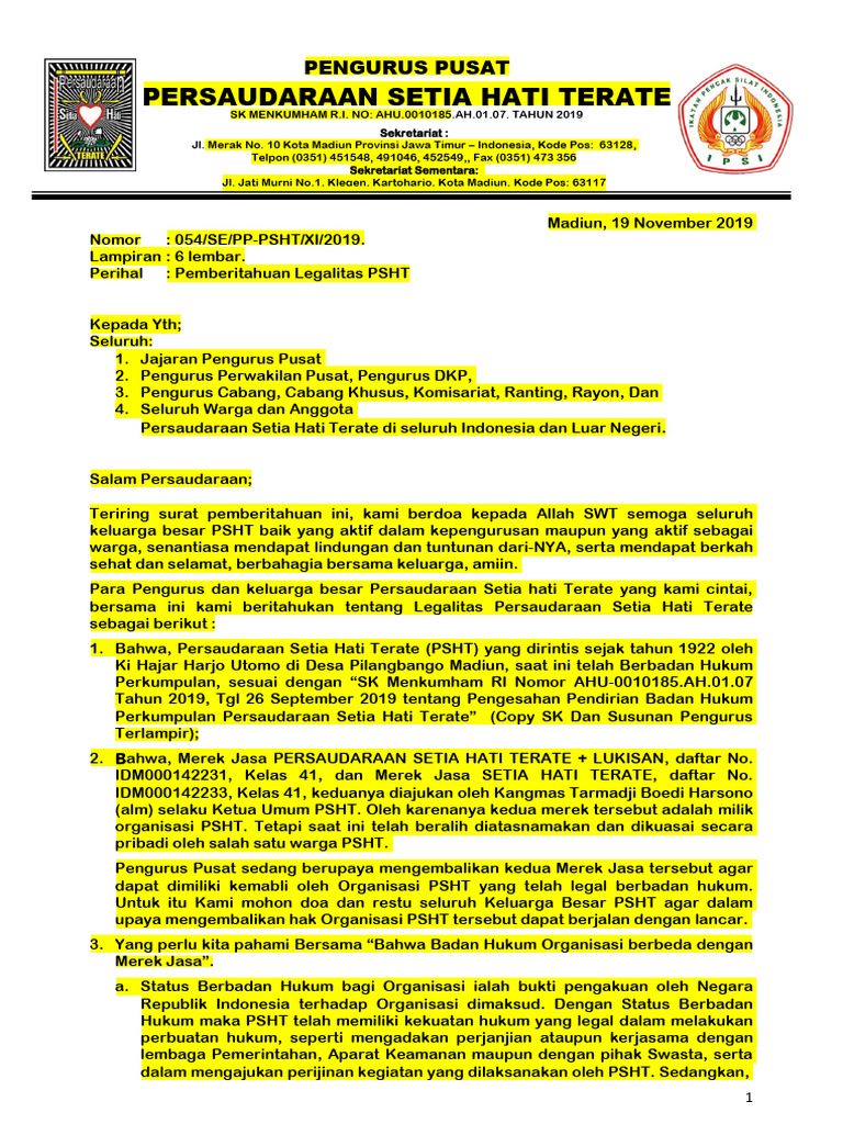 Se Pemberitahuan Legalitas PSHT | PDF