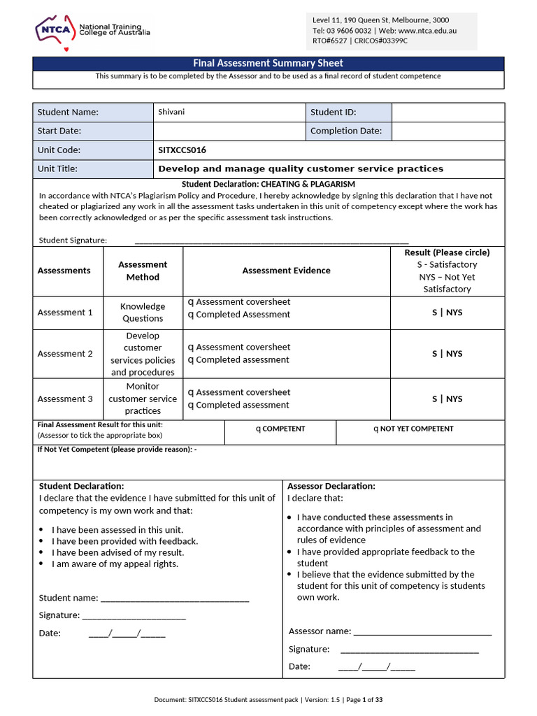 NTCA-SITXCCS016 Student Assessment Pack | PDF | Plagiarism | Spa