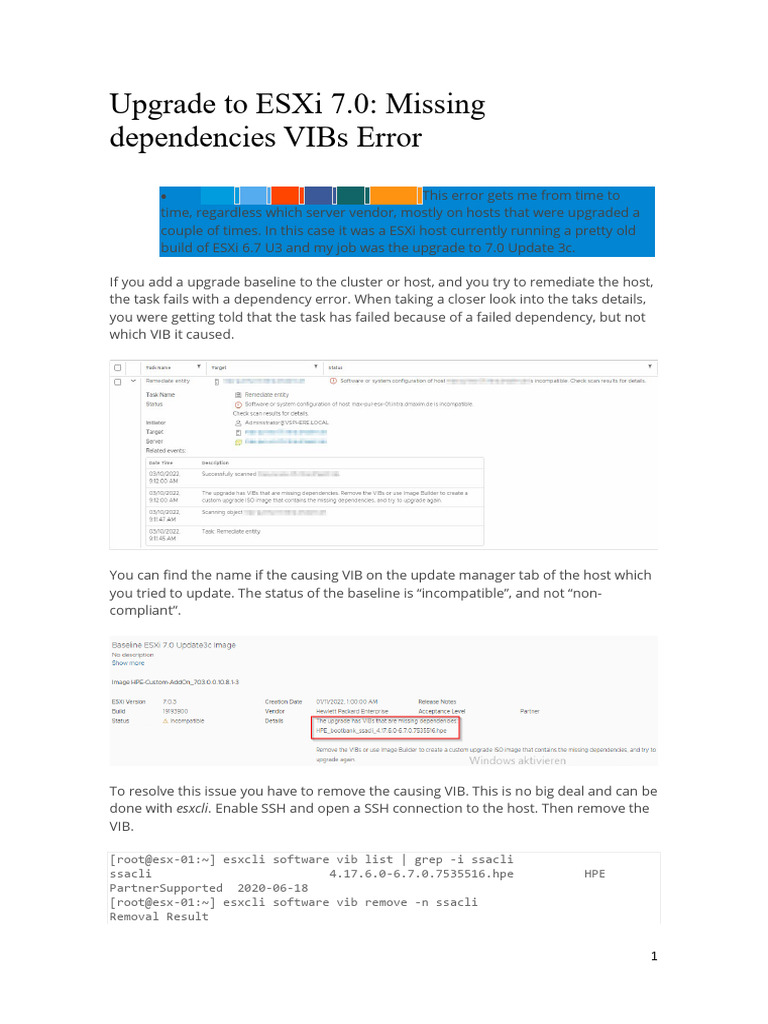Upgrade To ESXi 7.0 Missing Dependencies VIBs Error | PDF