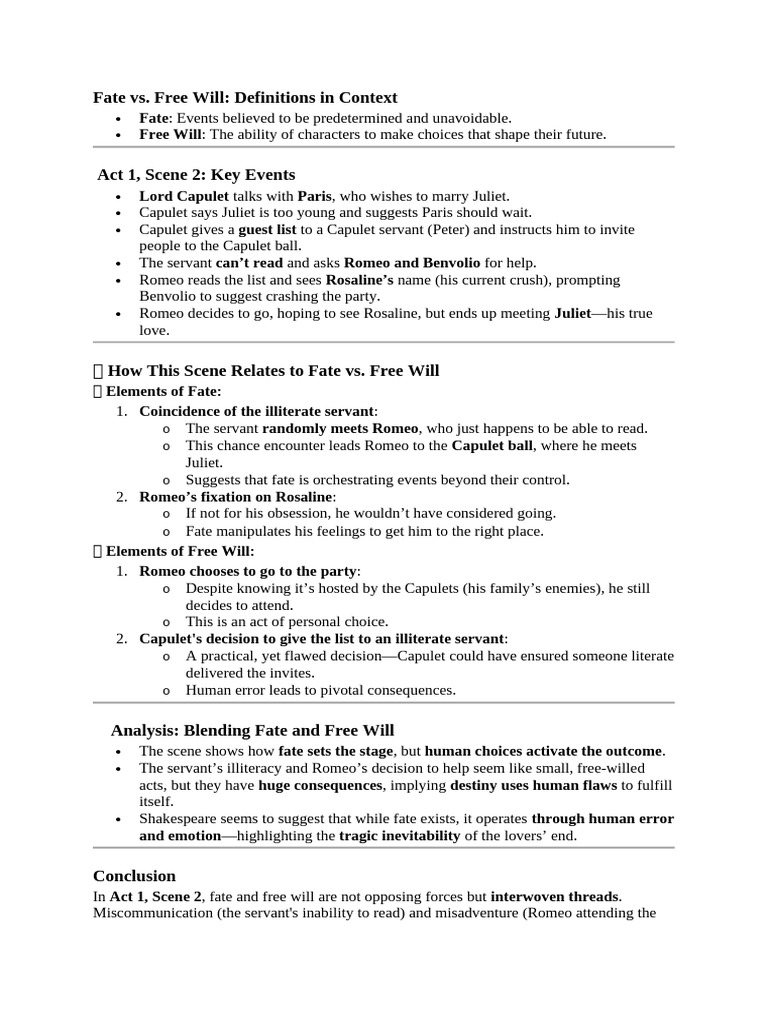 Act 1 Scene 2 FATE VS FREE WILL | PDF | Characters In Romeo And Juliet ...