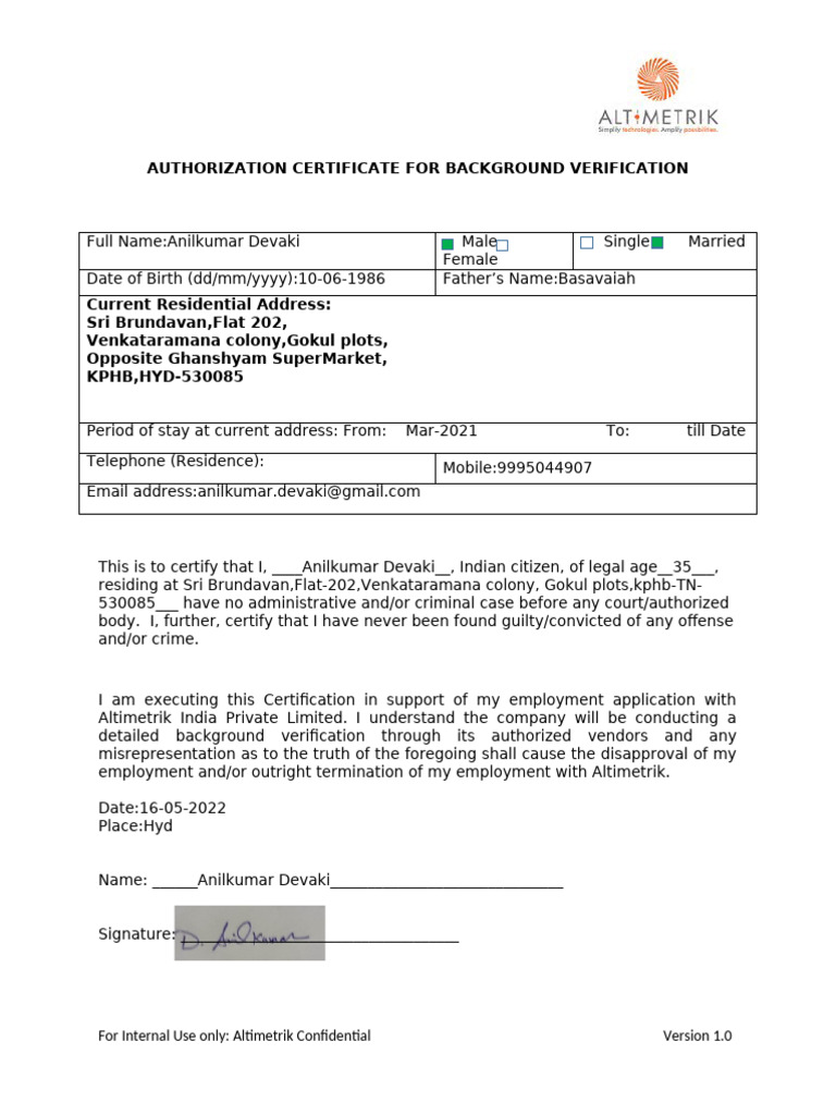 Background Verification Authorization Certificate | PDF