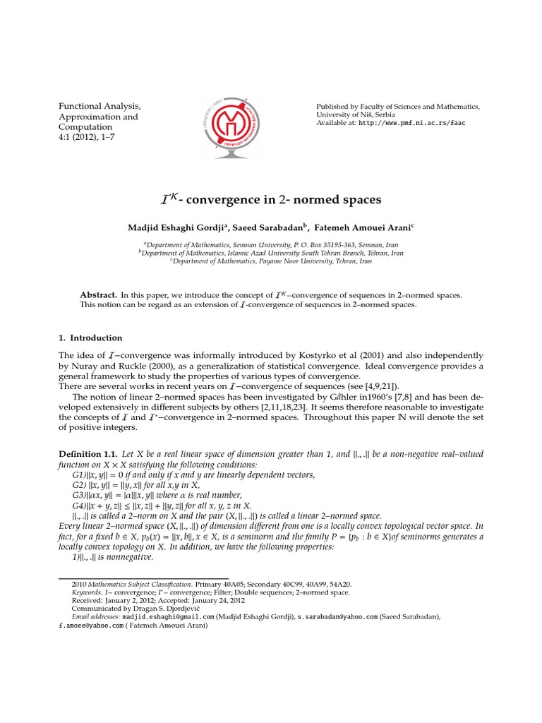 IK - Convergence in 2-Normed Spaces | PDF | Norm (Mathematics) | Limit ...