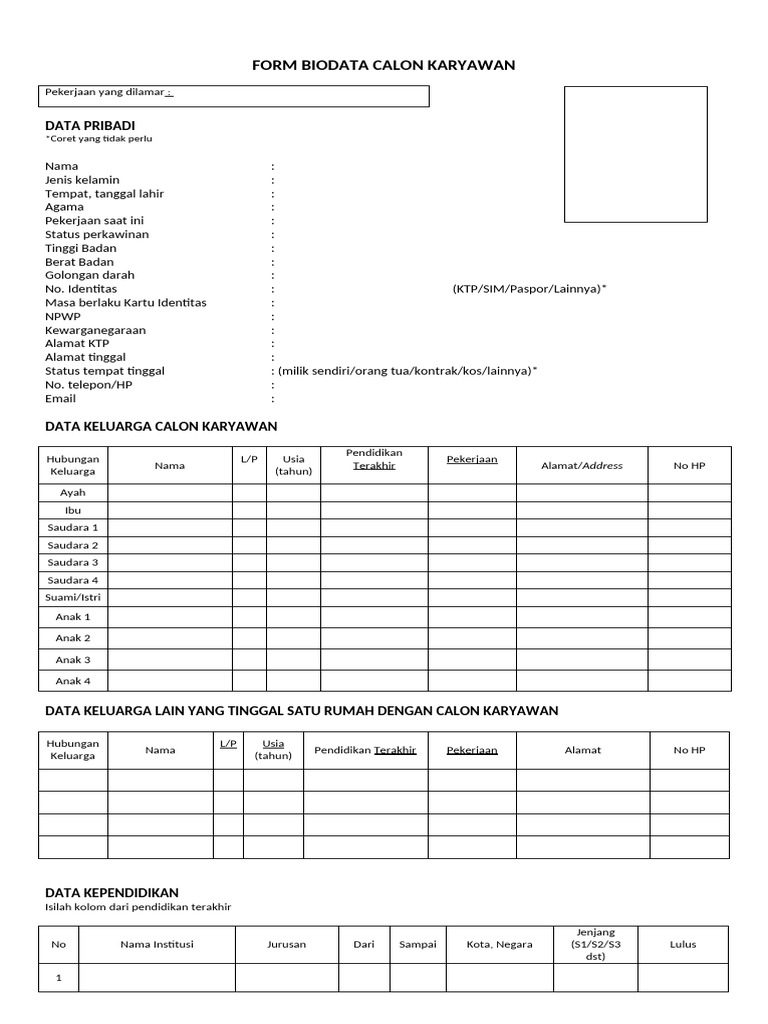 Form Biodata Calon Karyawan an (..) | PDF