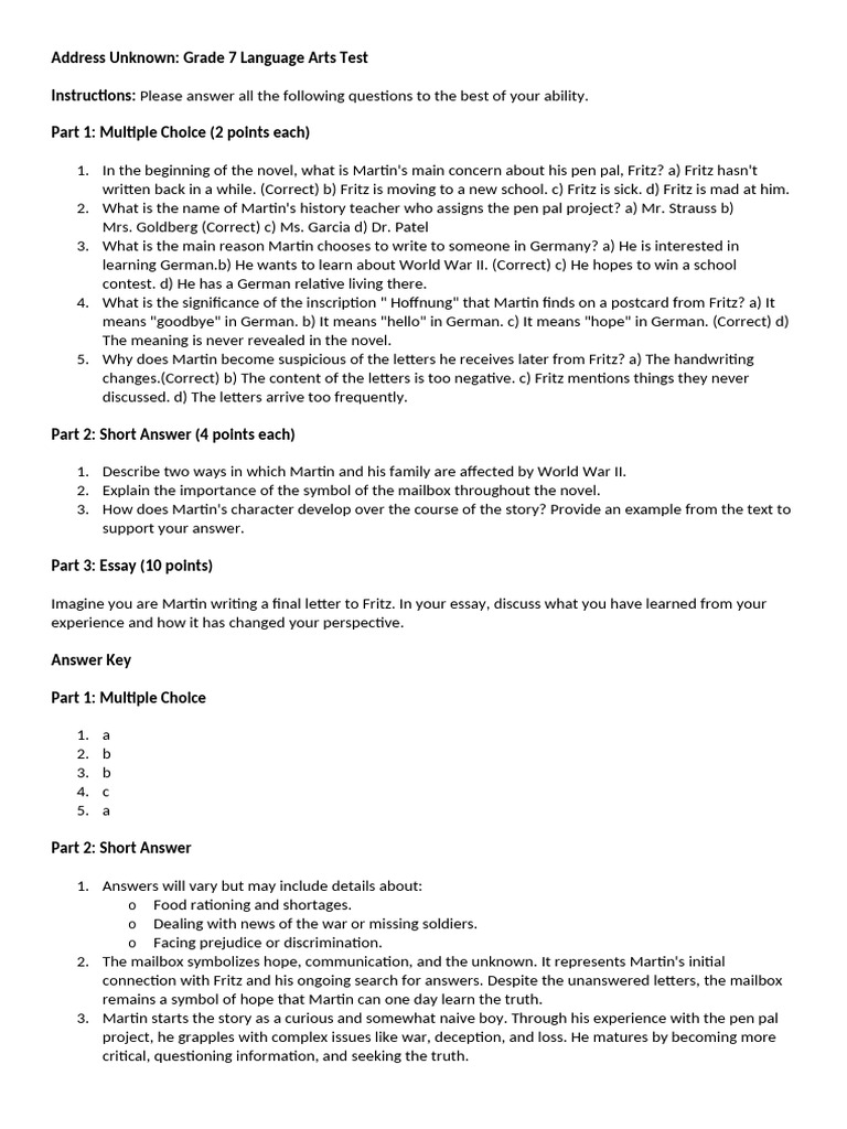 Grade 7 Language Arts Test: Address Unknown | PDF | Propaganda | Human ...