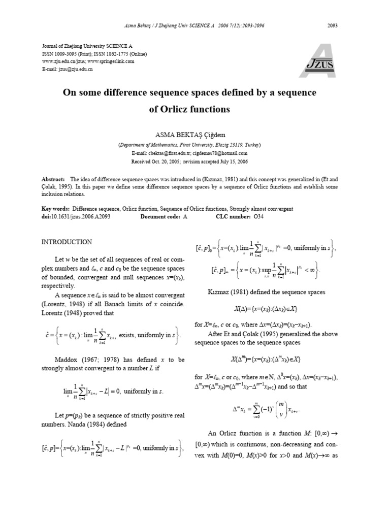 On Some Difference Sequence Spaces Defined by A Sequence | PDF | Sequence | Functions And Mappings