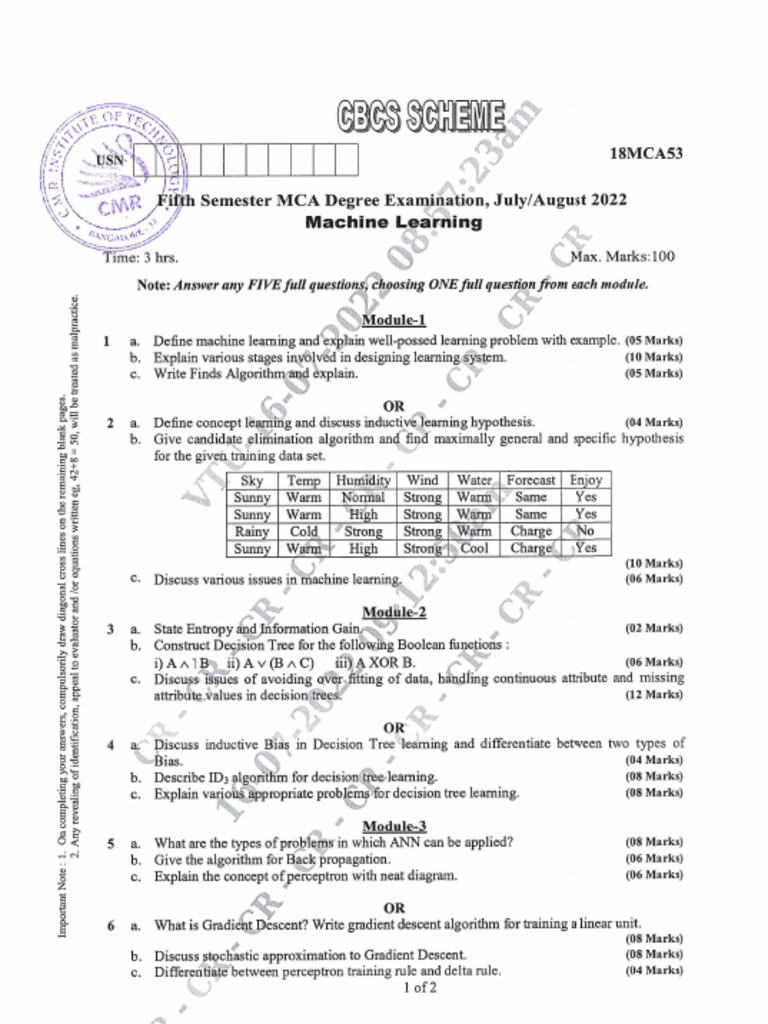 VTU Question Paper of 18MCA53 Machine Learning June-2022 | PDF