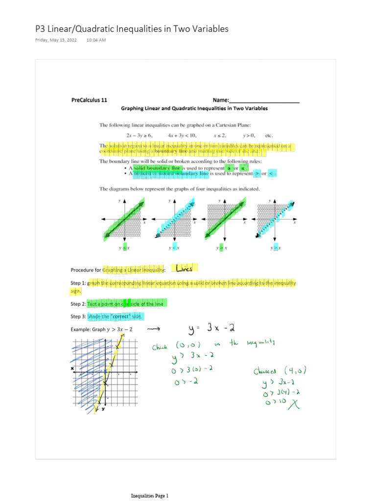 Lesson 8.5 Solving Linear and Quadratic Inequalities With Two Variables ...