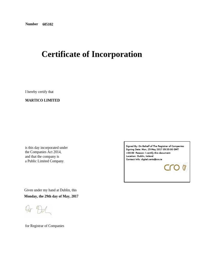 Certificate of Incorporation | PDF