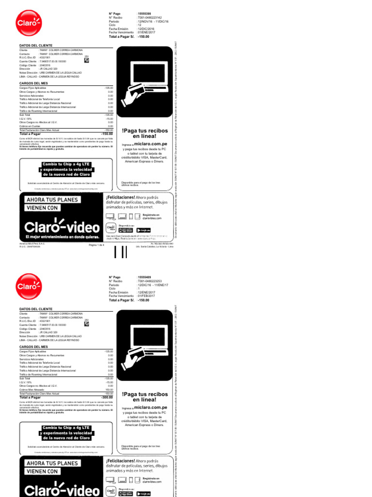 Recibo de Teléfono Claro - Resumen Mensual | PDF | Tarjeta de crédito ...