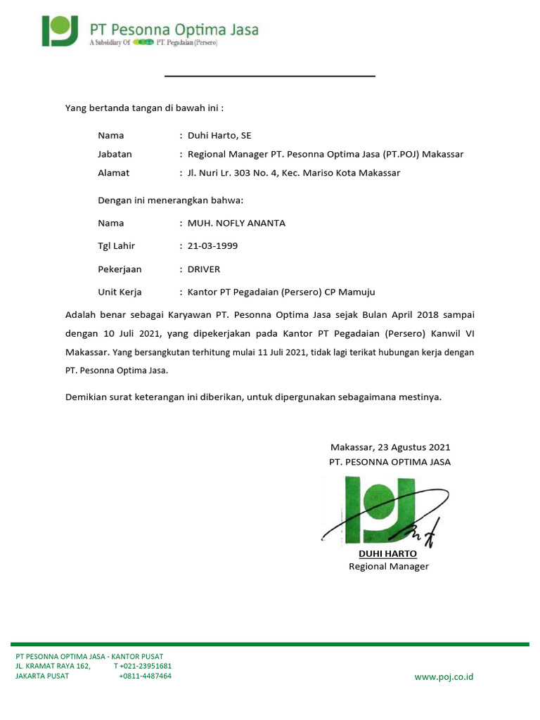 Surat Pengalaman Kerja Muh Nofly Ananta | PDF