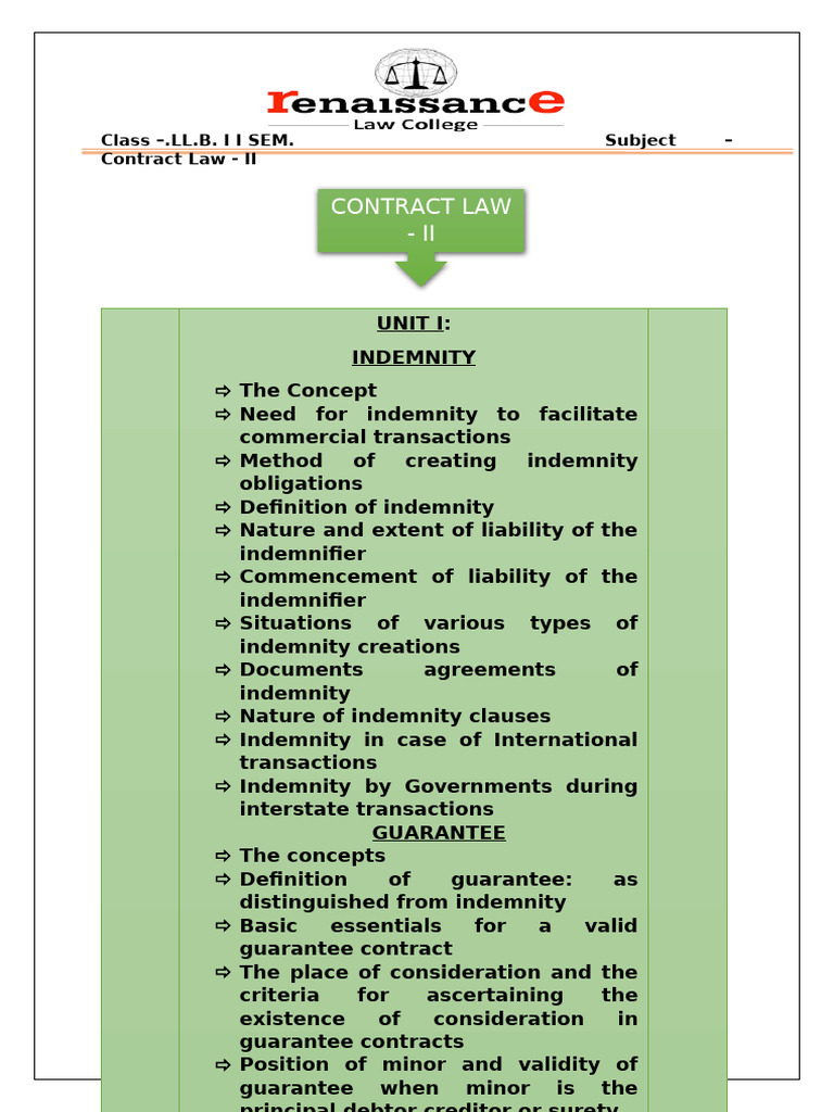 Law of Contract-II Sem II Notes | PDF | Guarantee | Indemnity