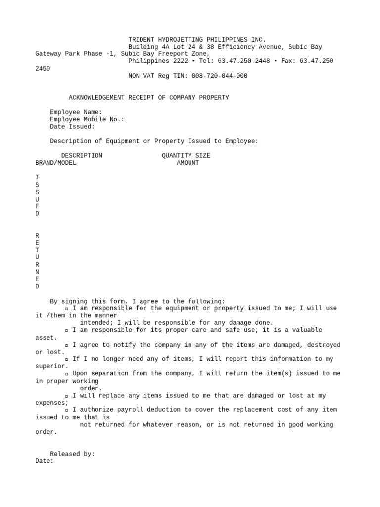 Receipt Company Property Form New | PDF